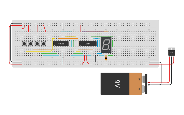 Circuit design 74HC93 + CD4511 + Display 7 Segmentos PROTÓTIPO - Tinkercad