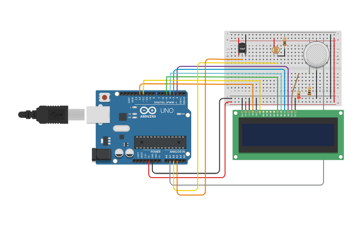 Circuit design TEMPERATURE, PHOTORESISTOR AND GAS SENSOR USAGE - Tinkercad