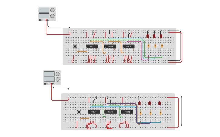 Circuit design Contador Assíncrono crescente/decrescente 3 bits | Tinkercad