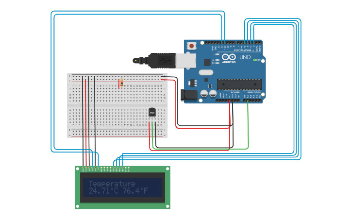 Circuit design Temprature Sensor with LCD - Tinkercad