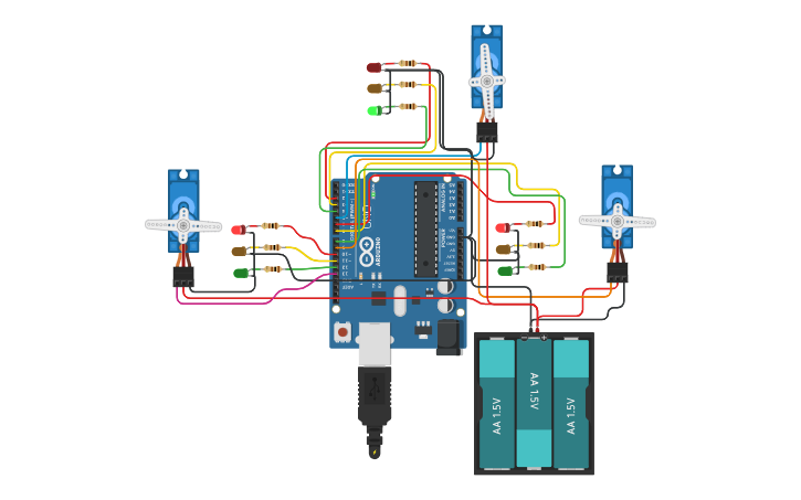 Circuit design Smart Traffic Lights - 3 Way Intersection - Tinkercad