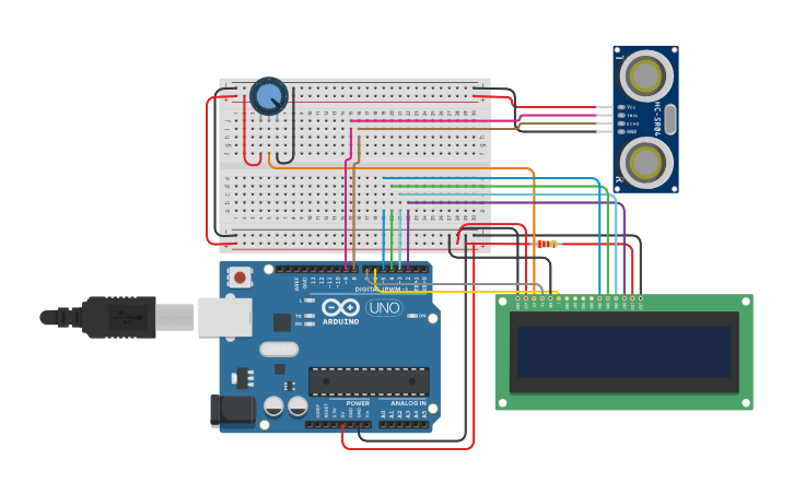Circuit design ULTRASONIC LCD IMPLEMENTATION - Tinkercad