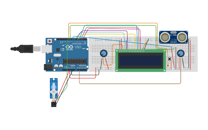 Circuit design DISPLAY LCD 16X2 Y SENSOR ULTRASÓNICO HC SR-04 - Tinkercad