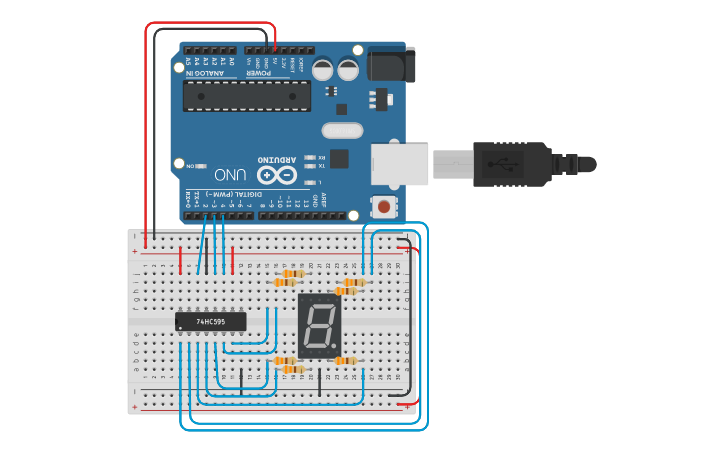 Circuit design 5-1七段顯示器74595 - Tinkercad