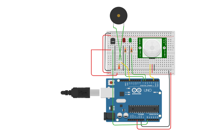 Circuit Design Alarm Based Distance Tester Using Pir And Tmp Sensor Tinkercad