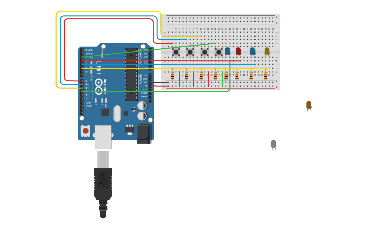 Circuit design Desafio de 3 Leds - Lógica acende e apaga - Tinkercad Circuit design Desafio de 3 Leds - Lógica acende e apaga - Tinkercad