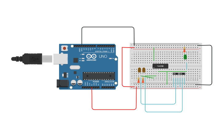 Circuit design IC 74HC08(QUAD AND GATE) - Tinkercad