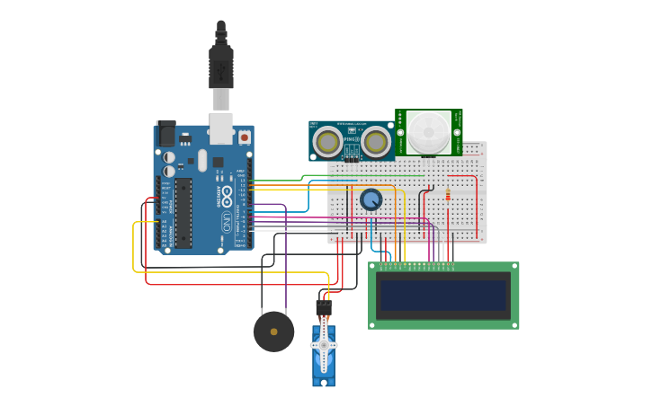 Circuit design Atividade-4-SensorDistancia-LCD | Tinkercad