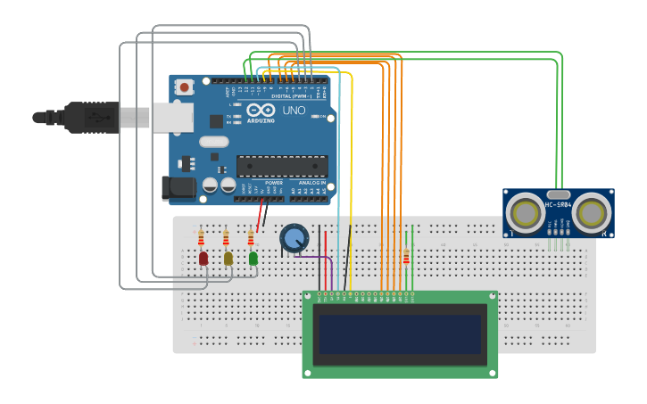 Circuit design Sensor Ultrasonico + LCD leds - Tinkercad