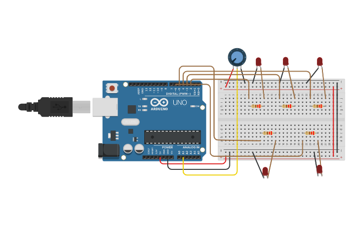 Circuit design potentiometer with multiple led - Tinkercad
