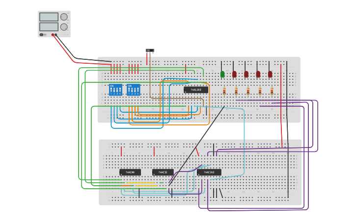 Circuit design BCD adder using 74hc283 | Tinkercad