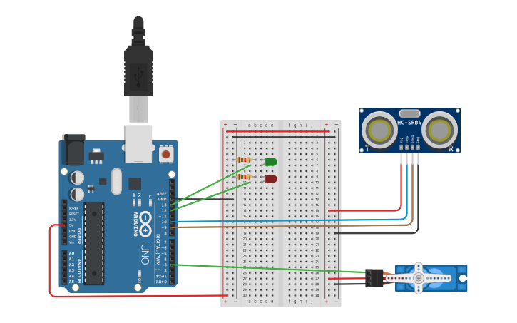 Circuit design Ultrasonic Code with LED - Tinkercad