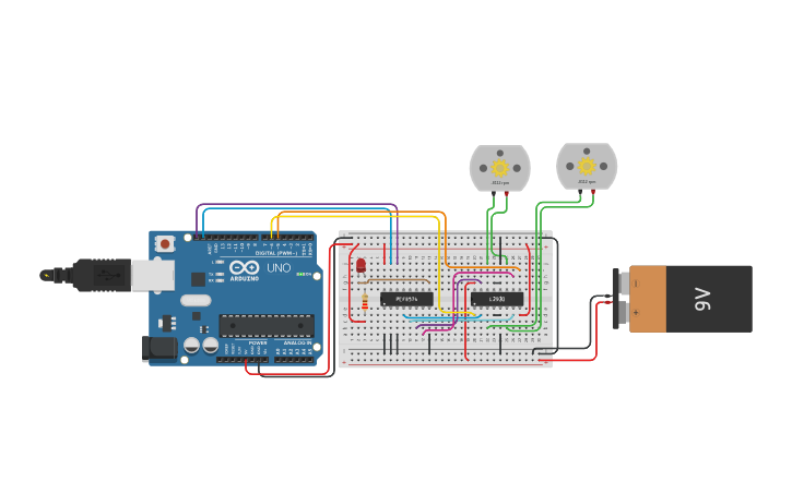 Circuit design PCF8574 + motors - Tinkercad
