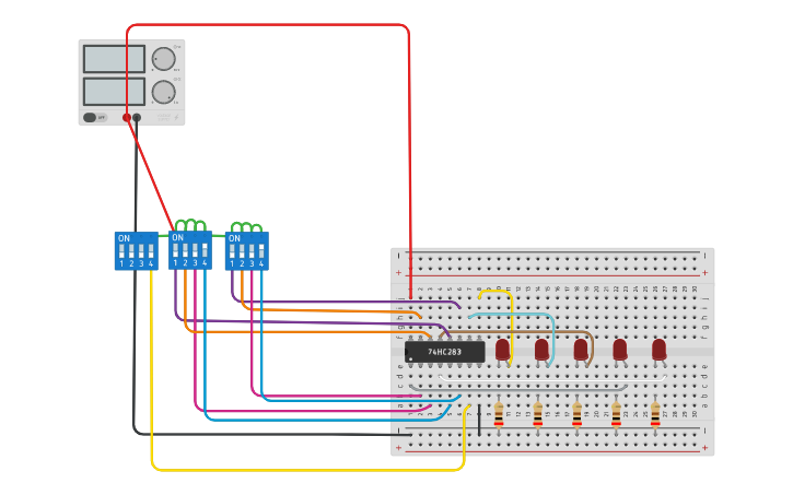 Circuit design ADDER 74HC283 IC - Tinkercad