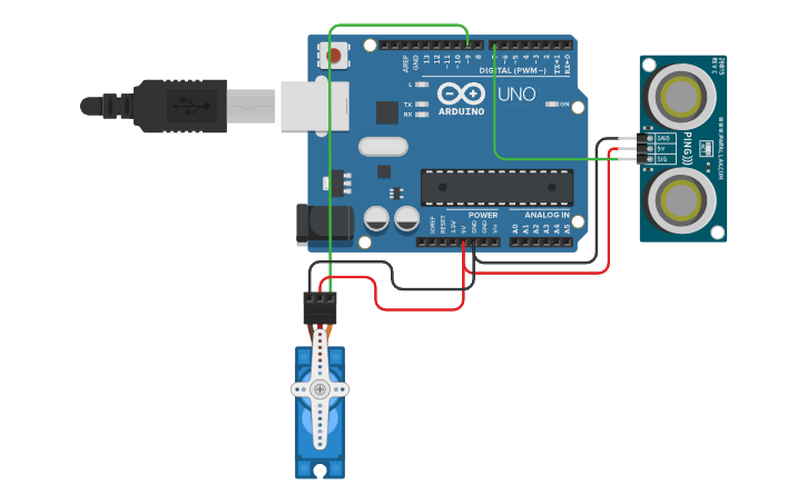 Circuit design 5. Servomotor con ultrasónico - Tinkercad Circuit design 5. Servomotor con ultrasónico - Tinkercad