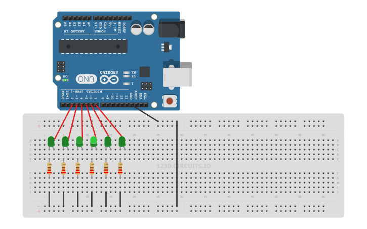 Circuit design Parpadeo de seis LED | Tinkercad