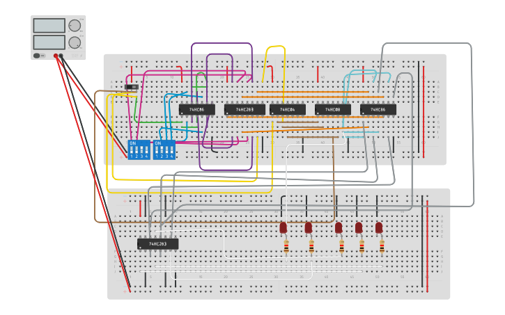 Circuit design 4 bit adder subtractor - Tinkercad