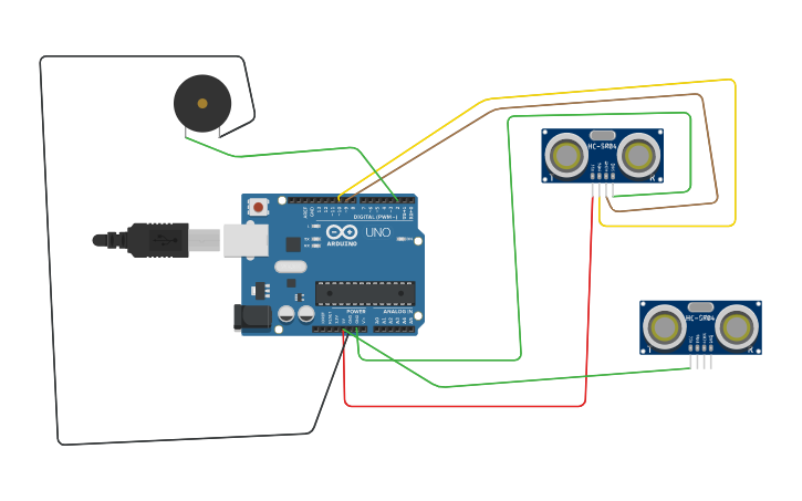 Circuit design ultrasonic with buzzer[no code] - Tinkercad