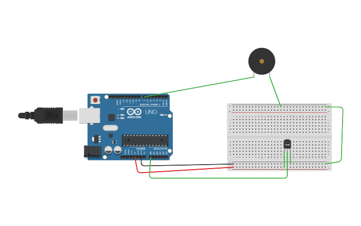Circuit design monitors temperature of storage area. - Tinkercad