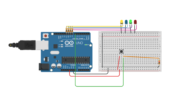 Circuit design Decimal binary LED transfer | Tinkercad
