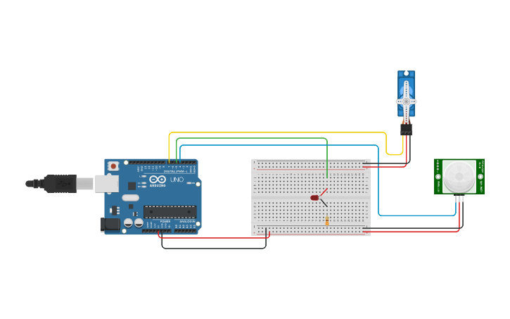 Circuit design Practica 10. PIR - Servomotor | Tinkercad