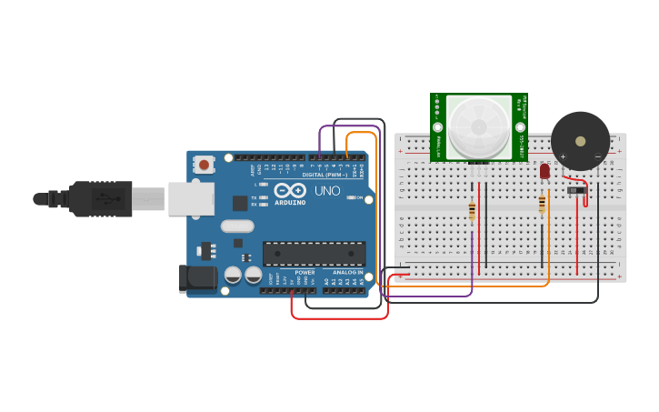 Circuit design SENSOR PIR ,BUZZER DAN LED | Tinkercad