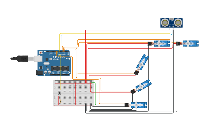 Circuit design ARM ROBOT WITH ULTRASONIC - Tinkercad