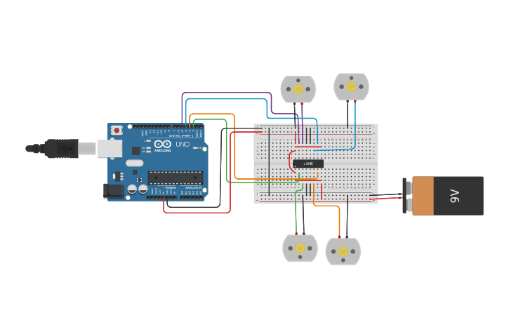 Circuit design Control de 4 motores - Tinkercad