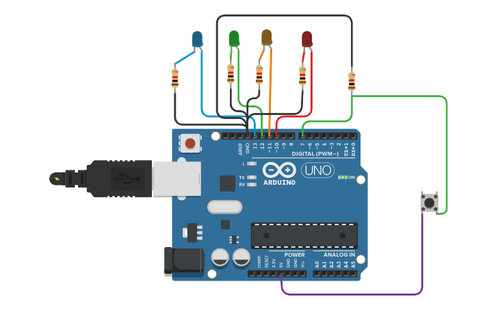 Circuit design SECUENCIA DE LEDS USANDO "FOR" - Tinkercad