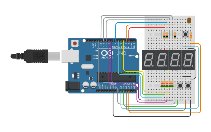 Circuit design 4 Digit Counter - 2 button preset - Tinkercad