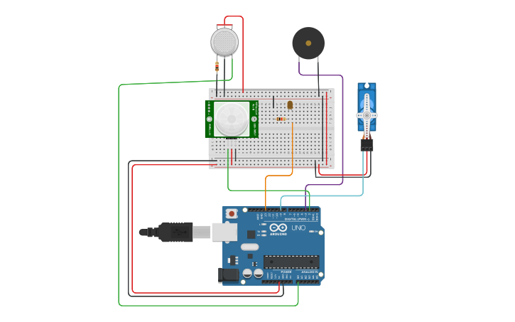 Circuit Design Use Gas Sensor Buzzer Led Pir Sensor And Servo Motor