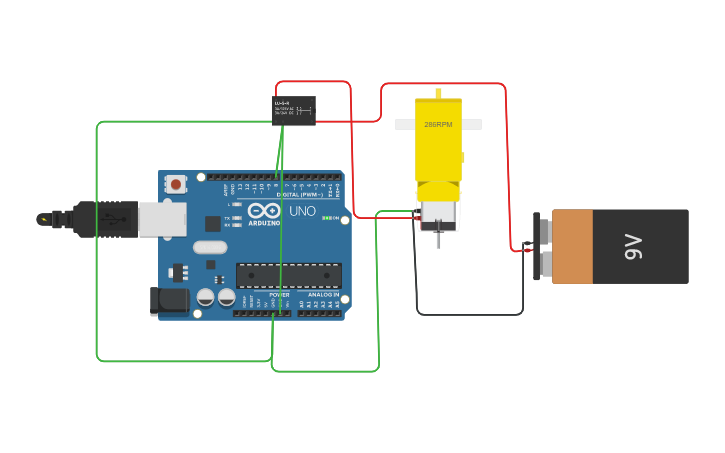 Circuit design hobby gear motor and relay - Tinkercad