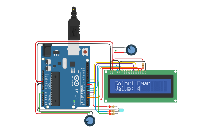 Circuit Design 5 Color Selector Using Potentiometer With Lcd Tinkercad