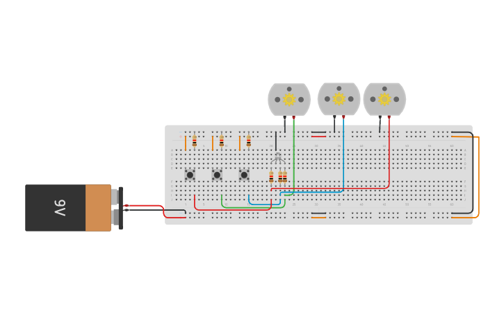 Circuit design Encender un Led RGB con un pulsador directamente + motores | Tinkercad
