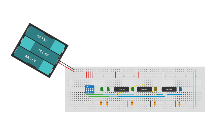 Circuit design 7486 XOR/7404 INVERSOR/7408 AND - Tinkercad