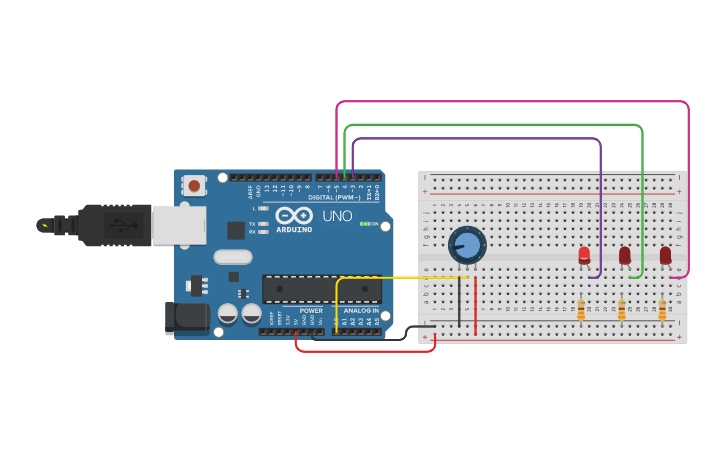 Circuit design potenciometro 3 leds | Tinkercad