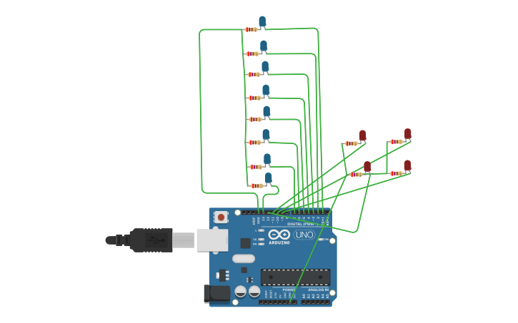 Circuit design proton pack lights - Tinkercad