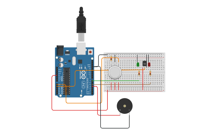 Circuit design Smoke and Temperature Sensor - Tinkercad