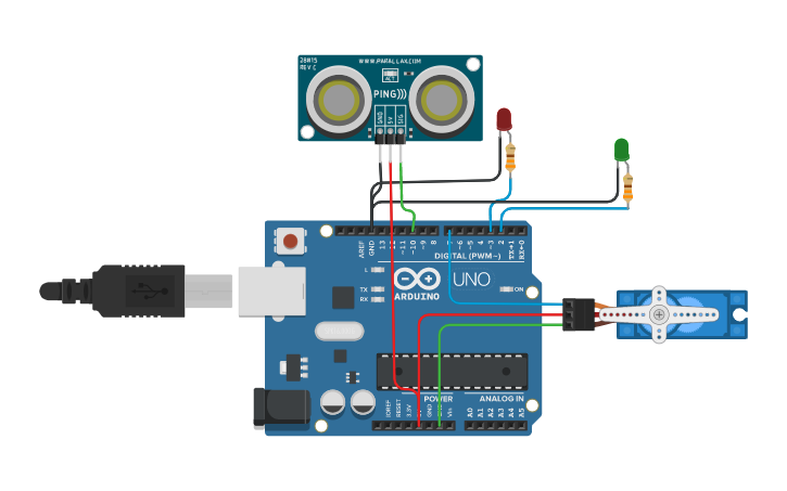 Circuit design Ultrasonik LED Servo | Tinkercad