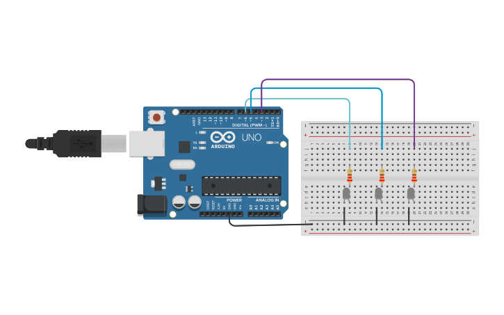 Circuit design SECUENCIA DE 3 LEDS - Tinkercad Circuit design SECUENCIA DE 3 LEDS - Tinkercad