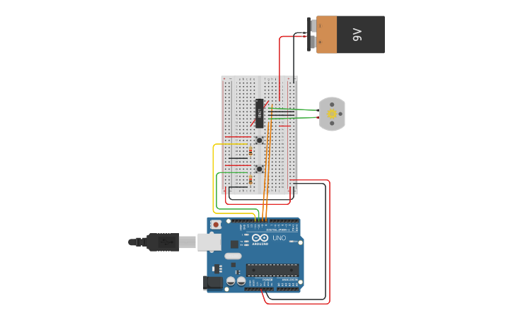 Circuit design Copy of Controlling a motor with two buttons | Tinkercad