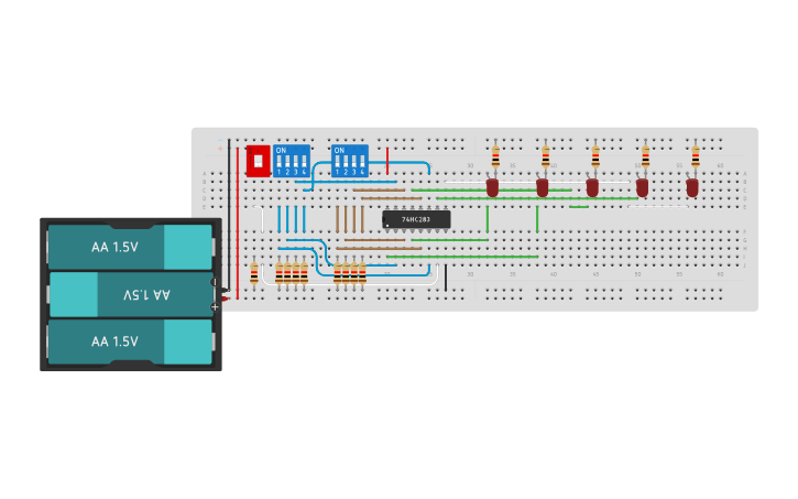 Circuit design 2.3.1 4-bit Full Adder by 74HC283 - Tinkercad