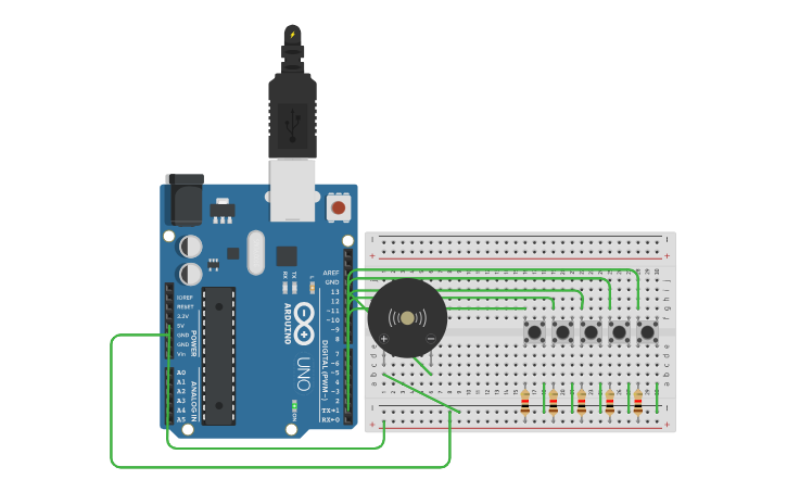 Circuit Design Мерзкое пианино 5 нот Tinkercad