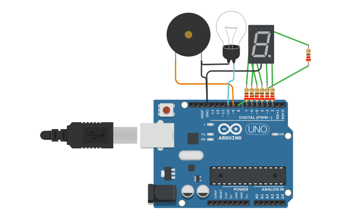 Circuit design Práctica 2_2 Display 7 segmentos con buzzer (c) - Tinkercad