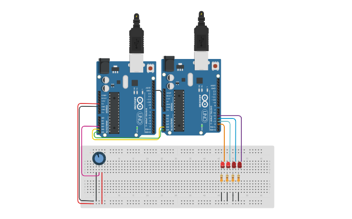 Circuit design i2c+2Arduino+LEDS+Pote | Tinkercad