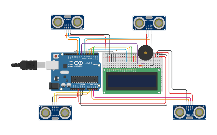Circuit design arduino parking sensors - Tinkercad