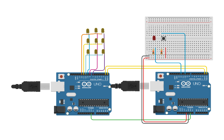 Circuit design TP6-3 (x2 Arduino + Simple Matrice LEDs) | Tinkercad