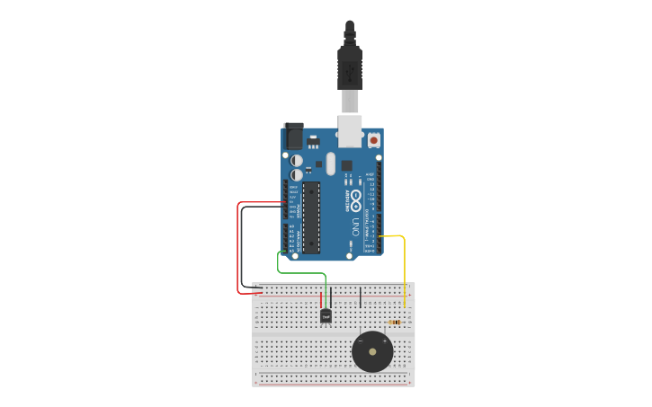 Circuit design Temp sensor and Buzzer - Tinkercad