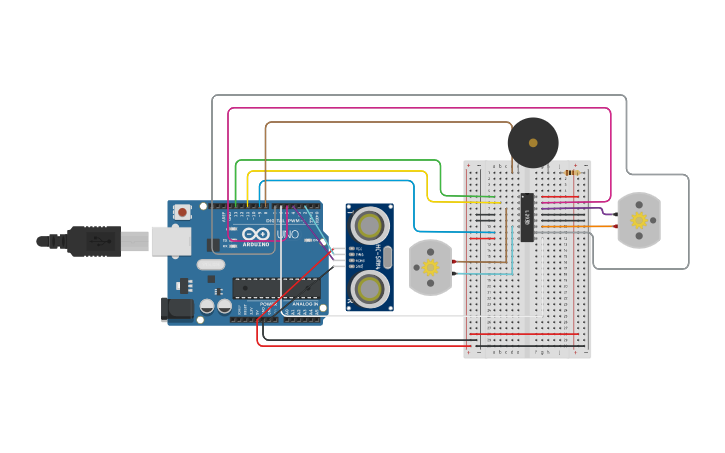 Circuit design Piezo with Ultrasonic and Motors - Tinkercad