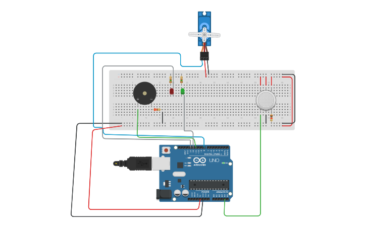 Circuit design Gas Sensor and leds - Tinkercad